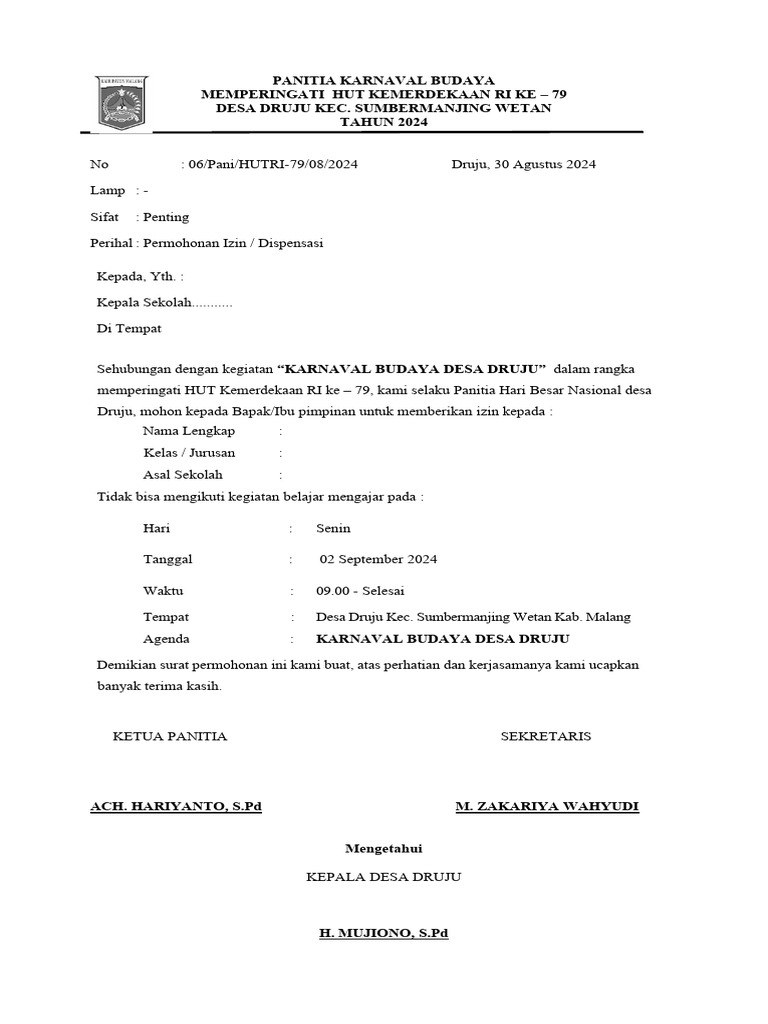 Surat Dispensasi Sekolah | PDF