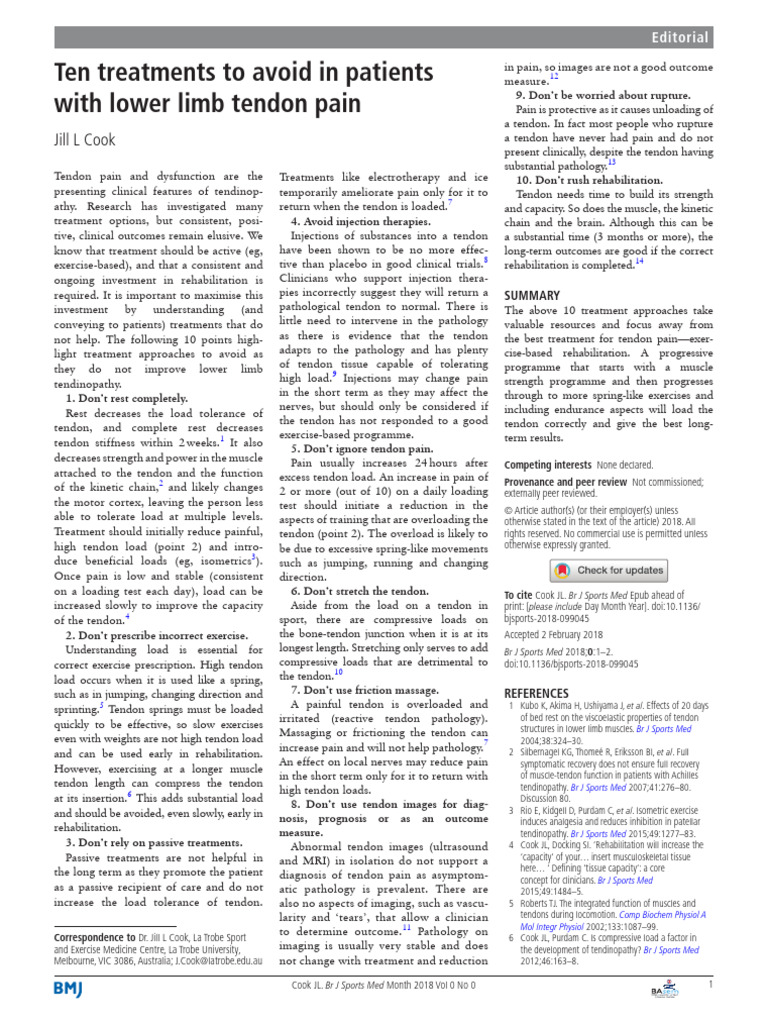 Ten Treatments To Avoid in Patients With Lower Limb Tendon Pain | PDF