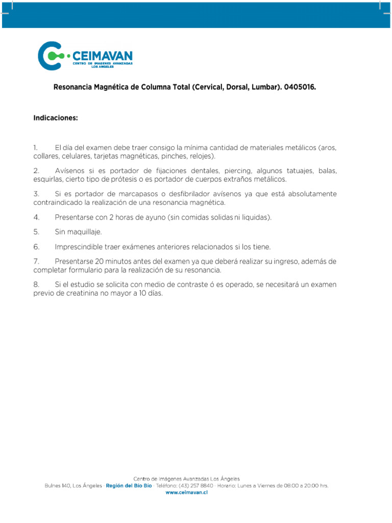 Resonancia Magnética de Columna Total (Cervical, Dorsal, Lumbar) | PDF