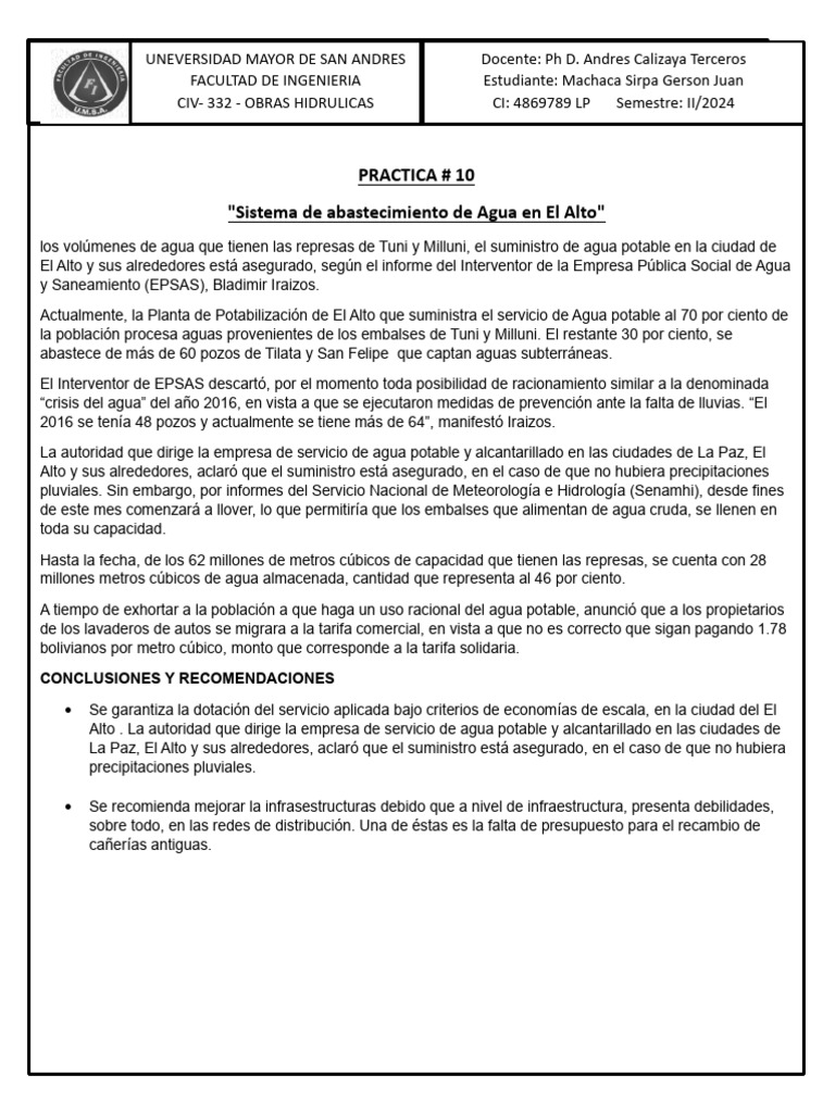 Practica 10 Obras Hidrulicas Umsa | PDF