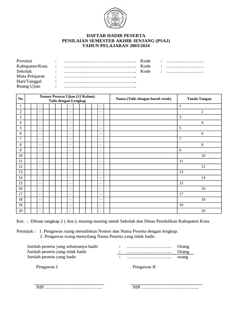 Daftar Hadir Ujian Sekolah | PDF