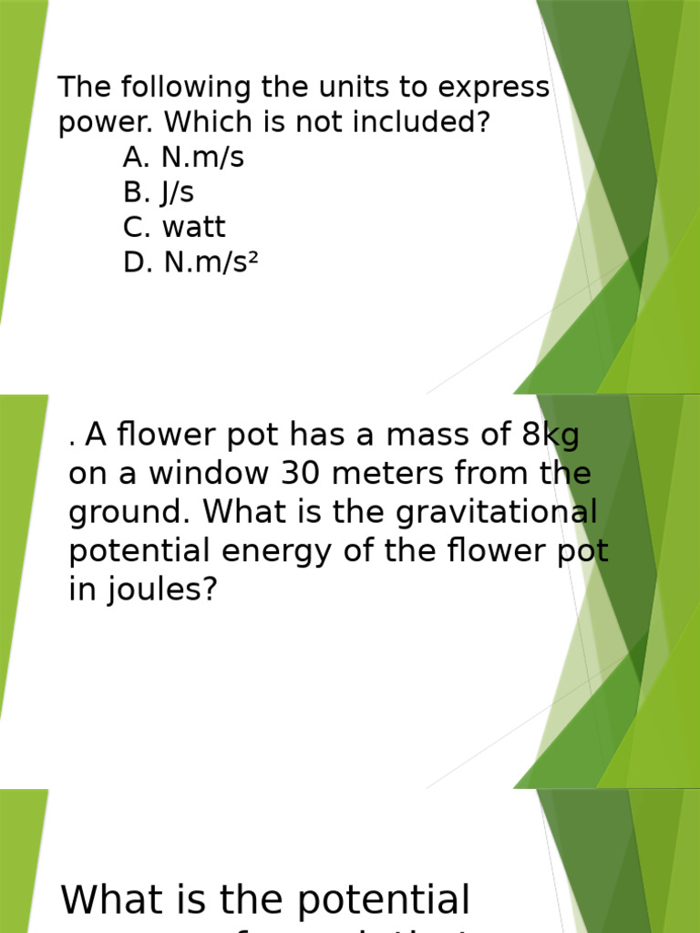 Physics Quiz on Energy Concepts | PDF | Potential Energy | Travel