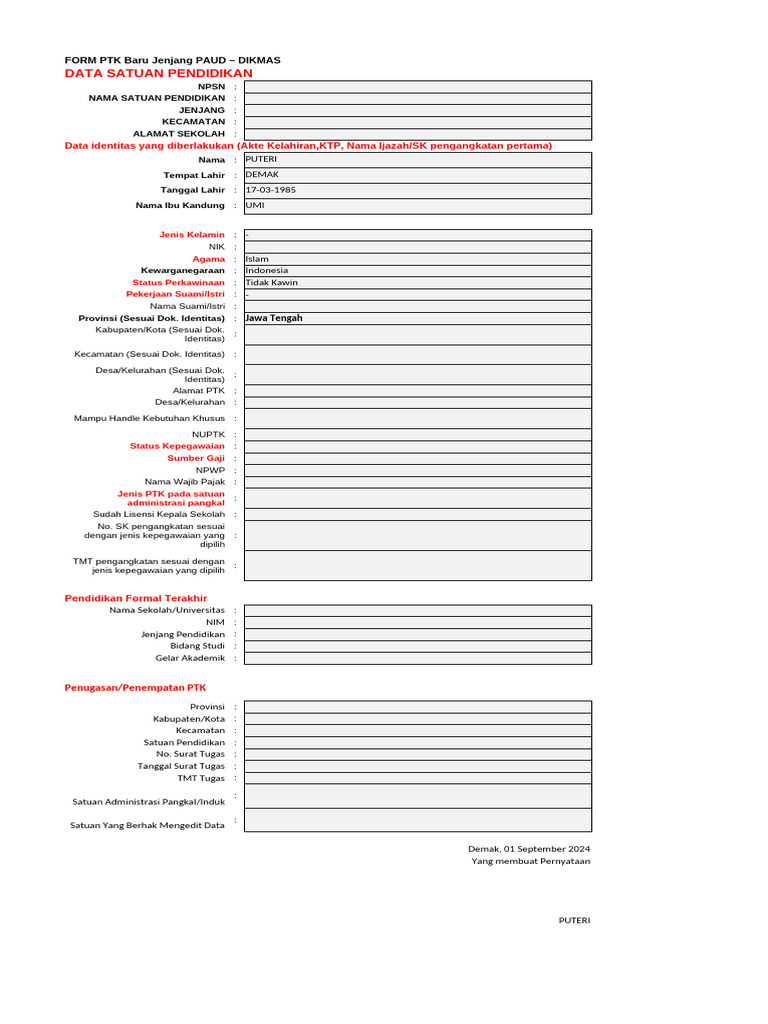 Form PTK Paud Dikmas 2018 | PDF