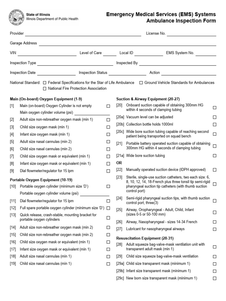 EMS Ambulance Inspection Checklist | PDF | Emergency Medical Services ...