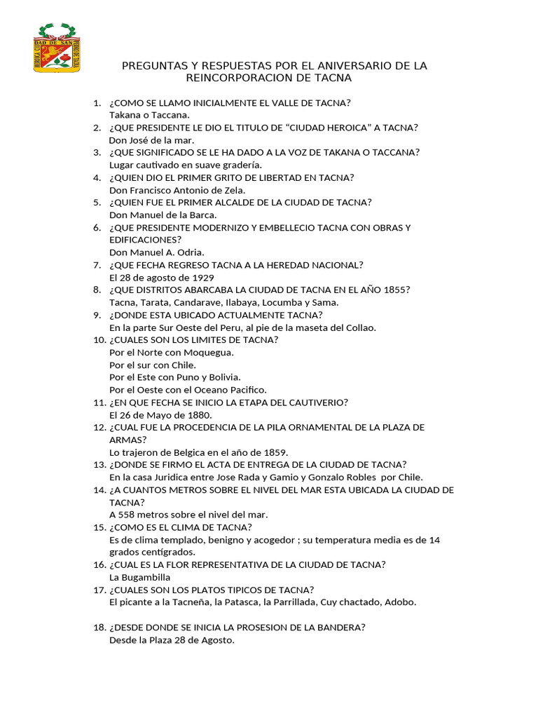 30 Preguntas y Respuestas de Tacna | PDF