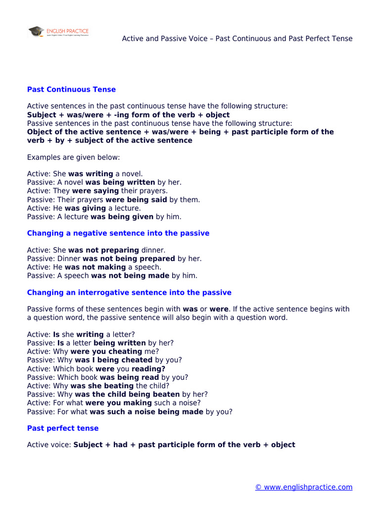 Active and Passive Voice – Past Continuous and Past Perfect Tense | PDF