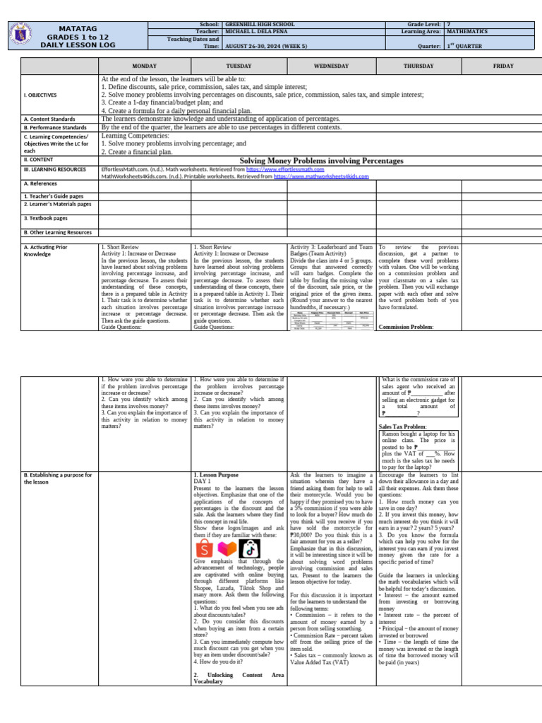 Matatag GRADES 1 To 12 Daily Lesson Log: Solving Money Problems ...