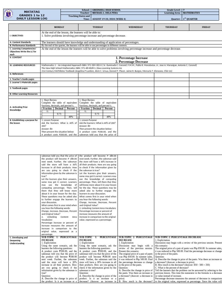 Matatag GRADES 1 To 12 Daily Lesson Log: 1. Percentage Increase 2 ...