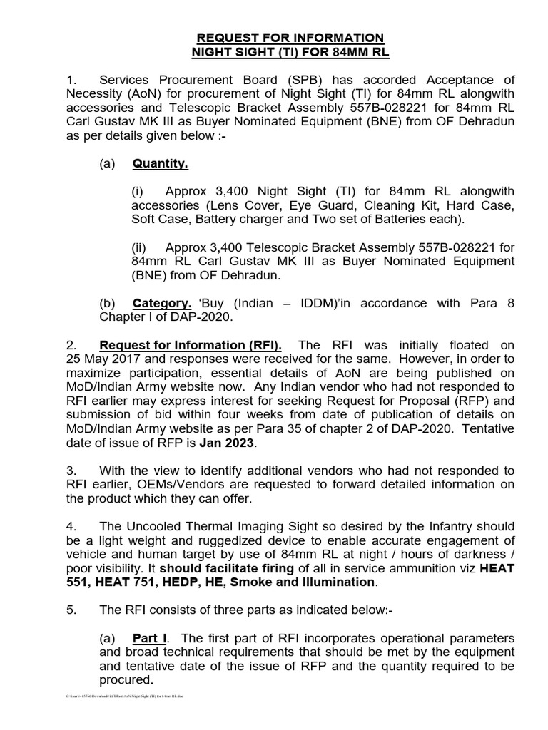 RFI Post AoN Night Sight (TI) For 84mm RL | PDF | Request For Proposal