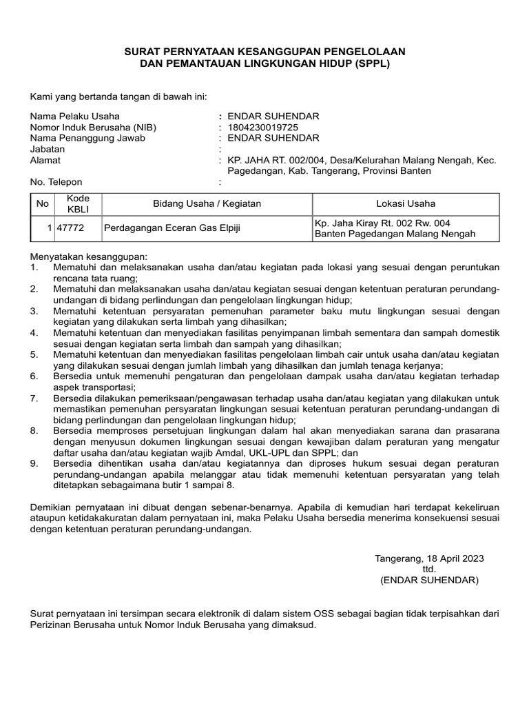 Endar Suhendar - NIB - 1804230019725 - SPPL | PDF