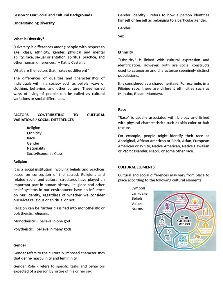 Lesson 1: Our Social and Cultural Backgrounds Understanding Diversity | PDF