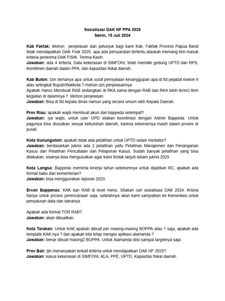 QnA Sosialisasi DAK NF PPA 2025 | PDF