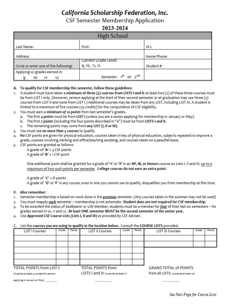 2023-2024 CSF Application and Course List | PDF