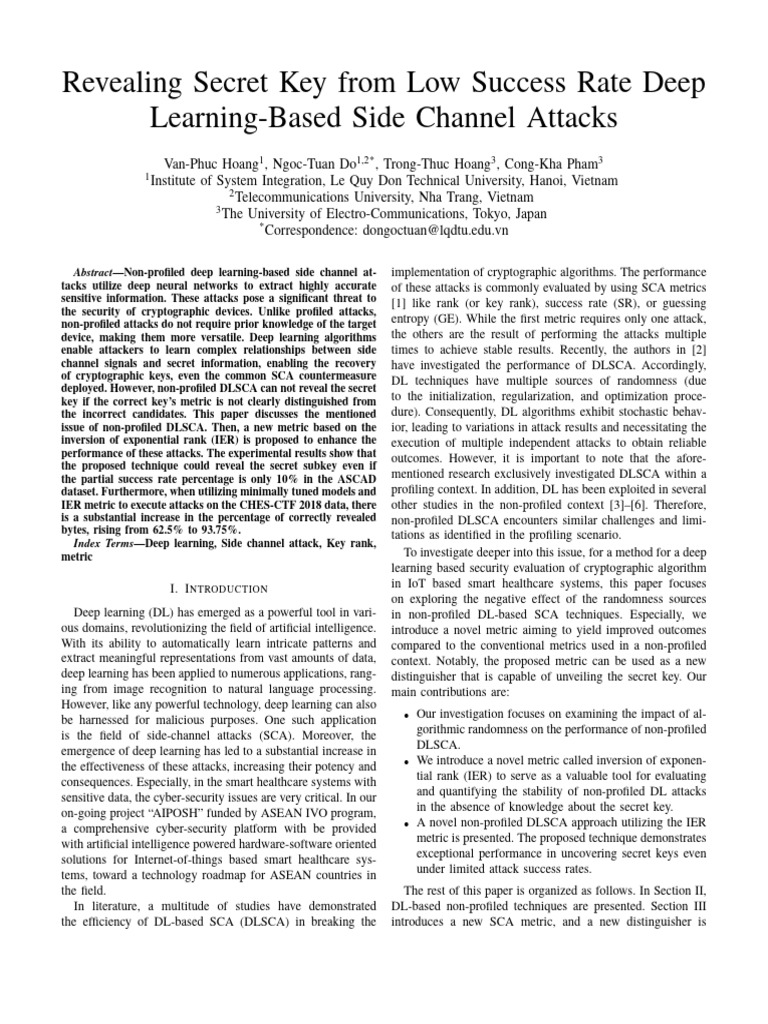 Revealing Secret Key From Low Success Rate Deep Learning-Based Side Channel Attacks | PDF | Deep ...