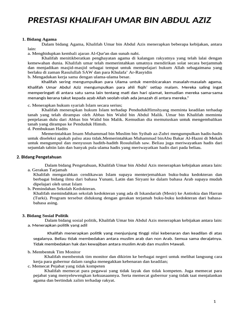 Prestasi Khalifah Umar Bin Abdul Aziz 1 Pdf
