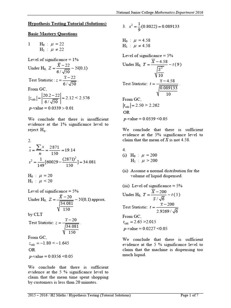 Hypothesis Testing Solutions for H2 Maths | PDF | Statistical ...