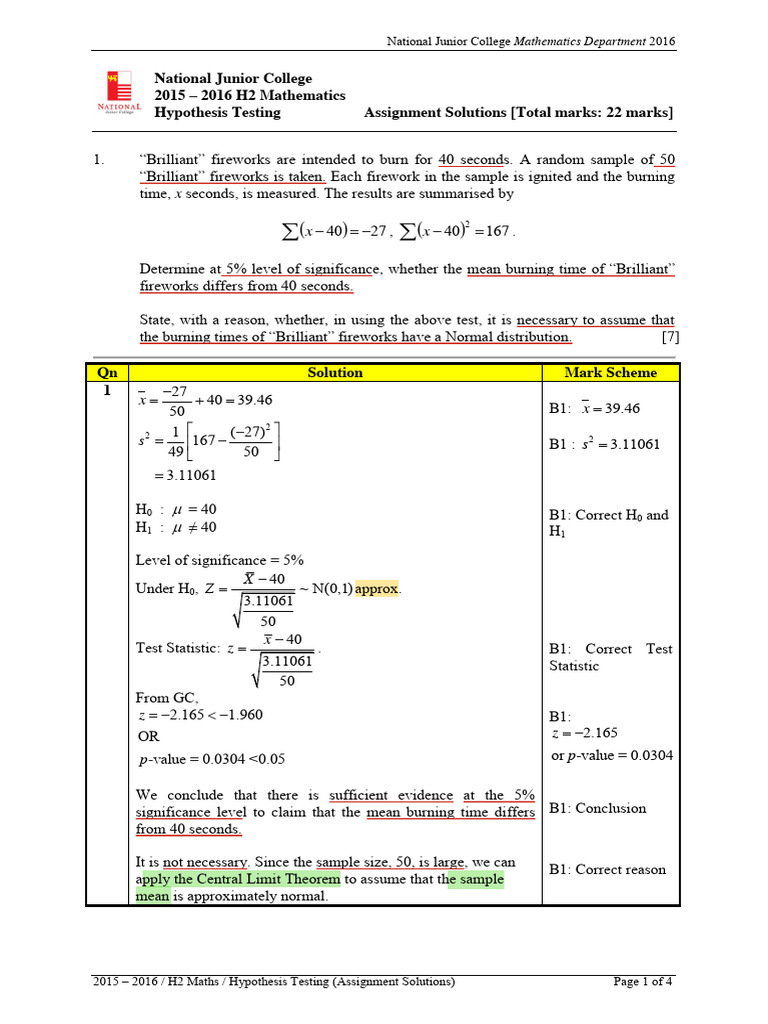H2 Maths Hypothesis Testing Solutions Pdf P Value Methodology
