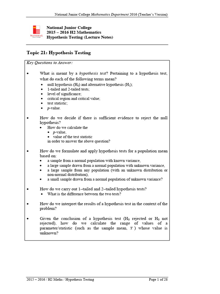 H2 Maths Hypothesis Testing Guide | PDF | Statistical Significance ...