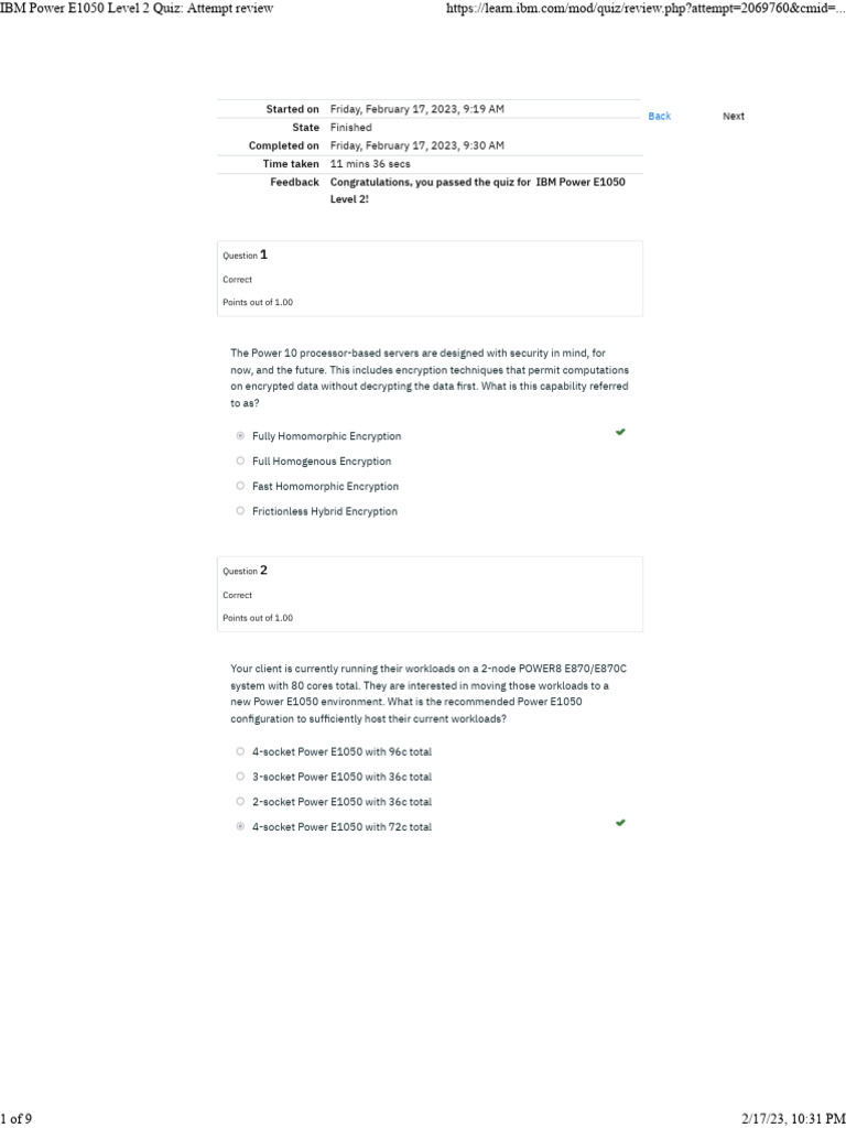 IBM Power E1050 Level 2 Quiz Attempt Review | PDF