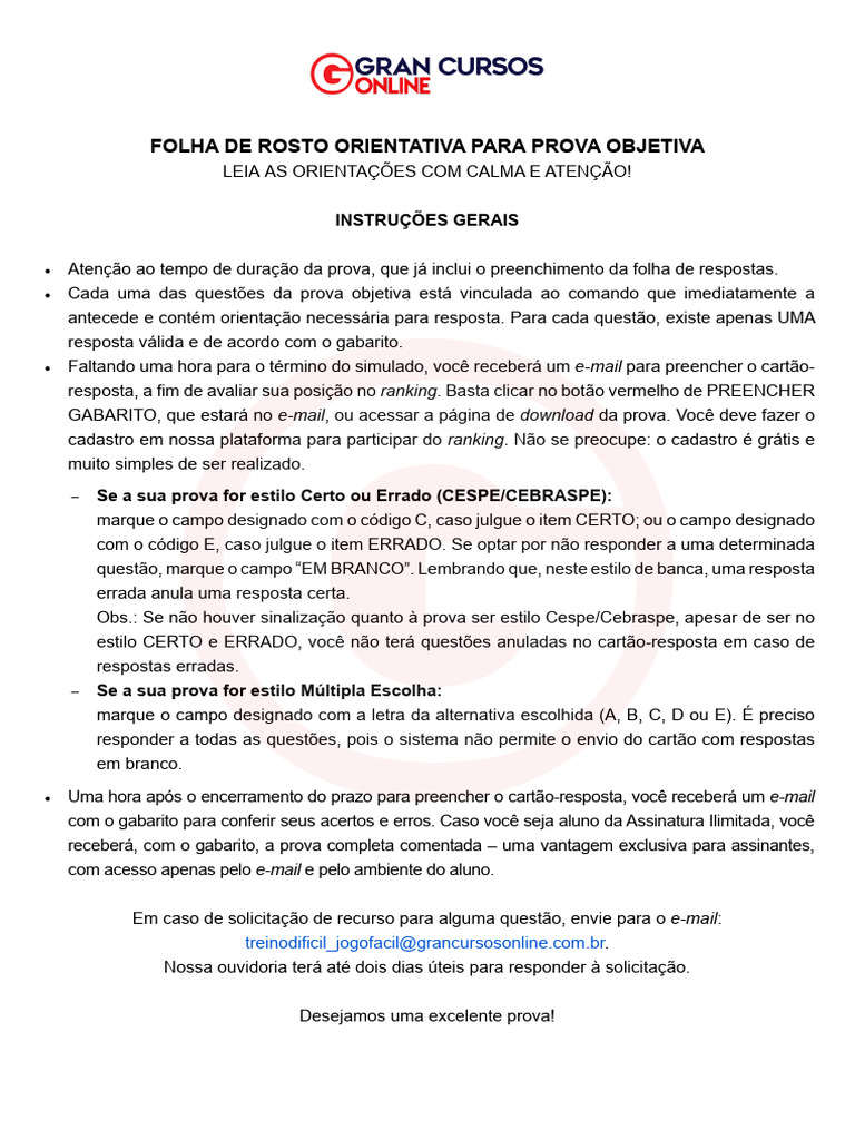 Folha de Rosto Orientativa para Prova Objetiva: Instruções Gerais | PDF