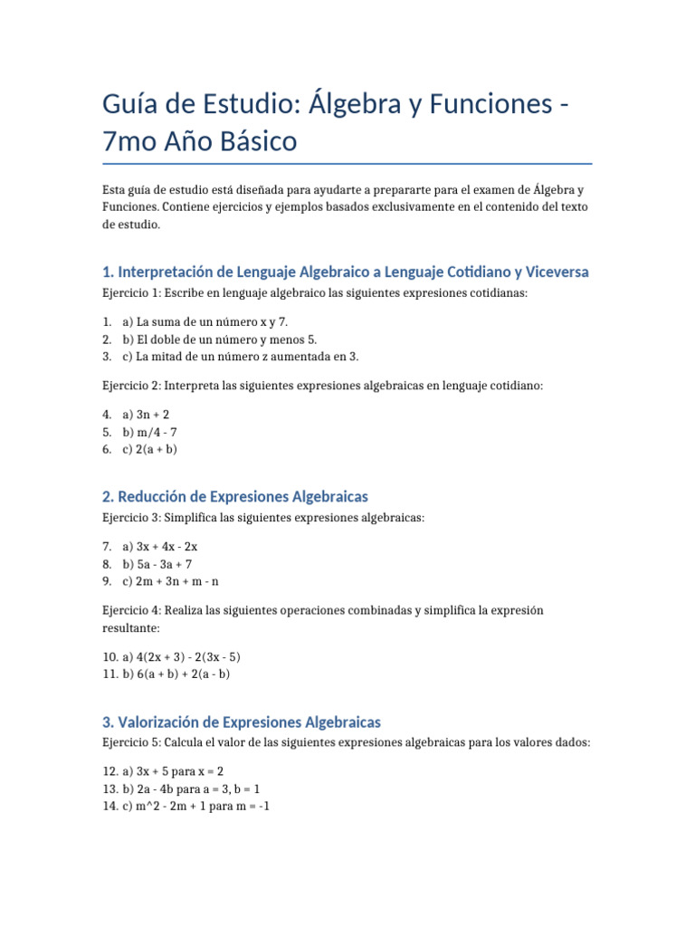 Guía de Estudio Álgebra y Funciones 7mo Básico | PDF