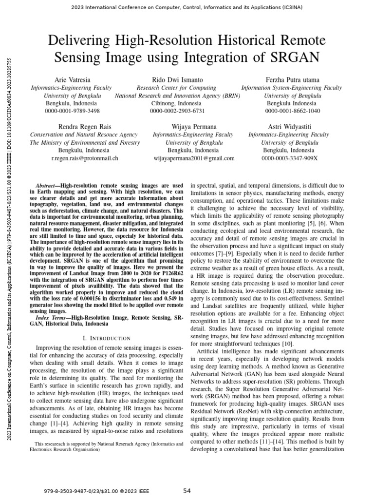 Delivering High-Resolution Historical Remote Sensing Image Using Integration of SRGAN | PDF