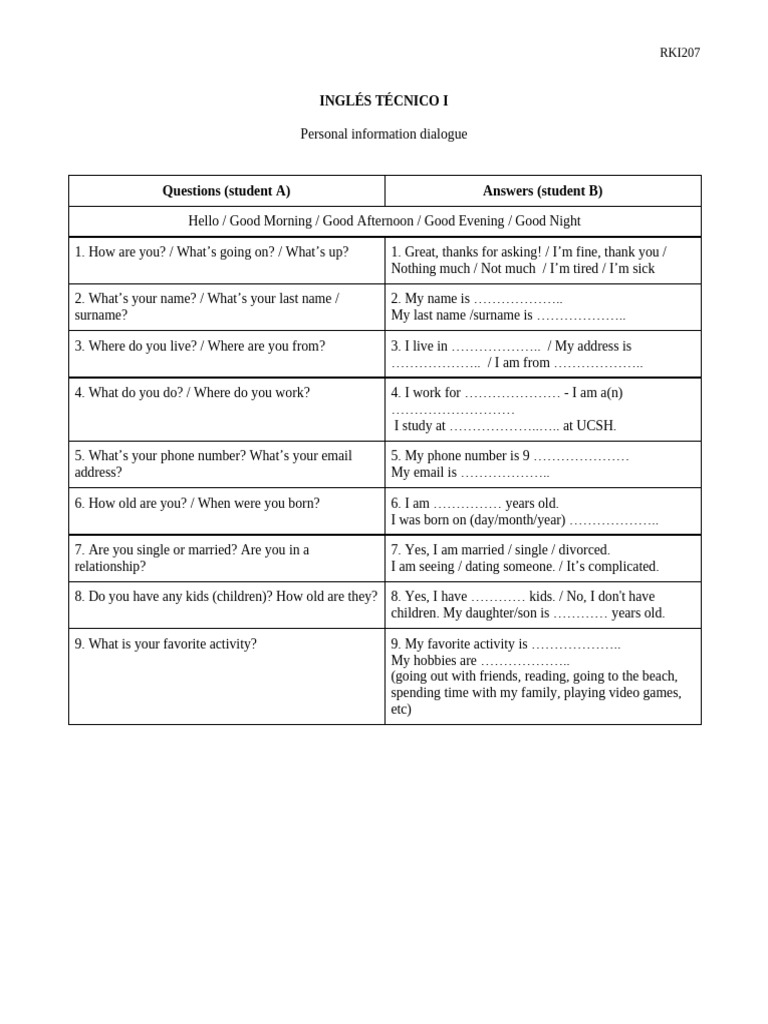 Week 01 Class 2 Personal Information Dialogue | PDF