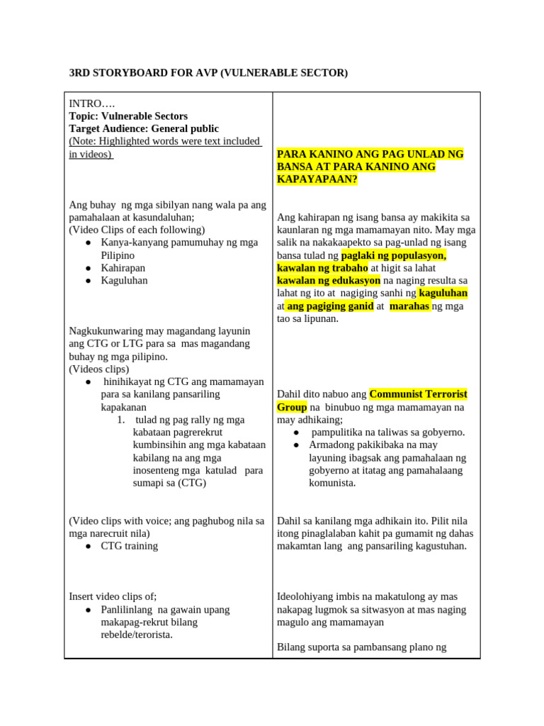 3rd AVP Storyboard (Vulnerable Sectors) | PDF | Social Science