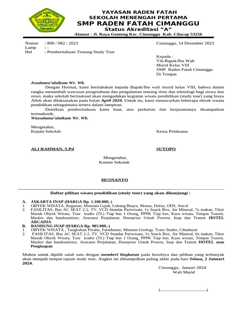 Surat Pemberitahuan Study Tour (Wisata Pendidikan) | PDF