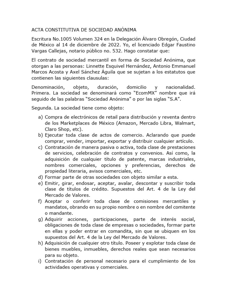 Acta Constitutiva de Sociedad Anónima | PDF