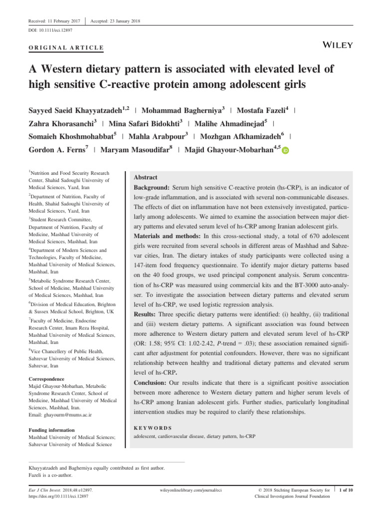 Eur J Clin Investigation - 2018 - Khayyatzadeh - A Western Dietary ...