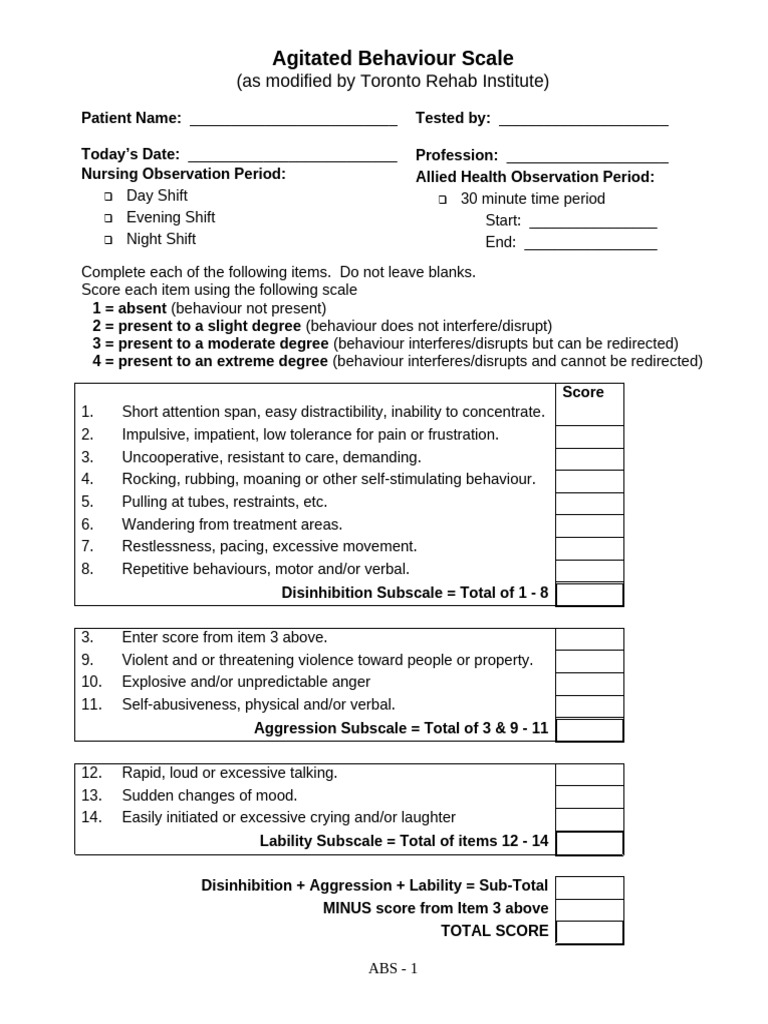 Agitated Behaviour Scale Form Modified-3 | PDF
