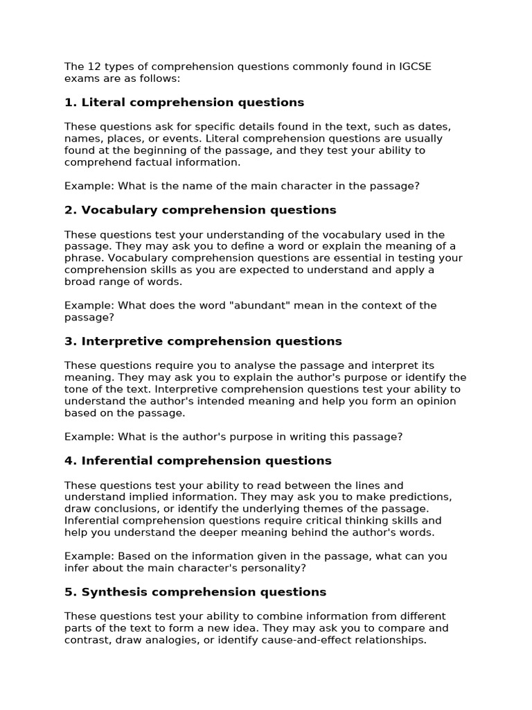 The 12 Types of Comprehension Questions Commonly Found in IGCSE O | PDF