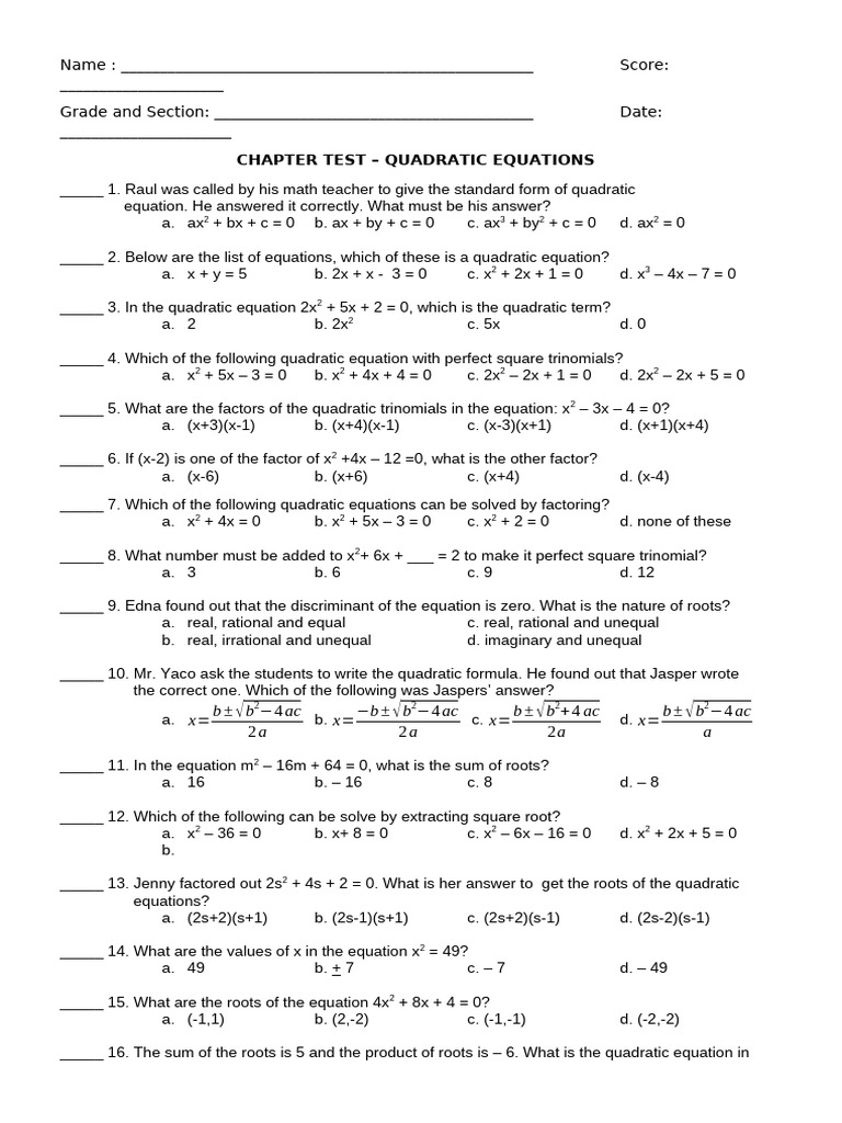 Chapter Test Quadratic Equations | PDF