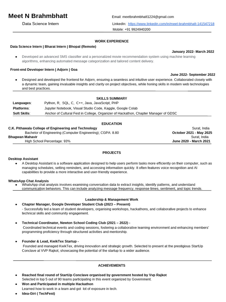 Meet Brahmbhatt Resume | PDF