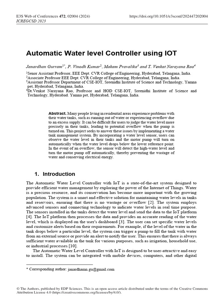Automatic Water Level Controller Using IOT | PDF