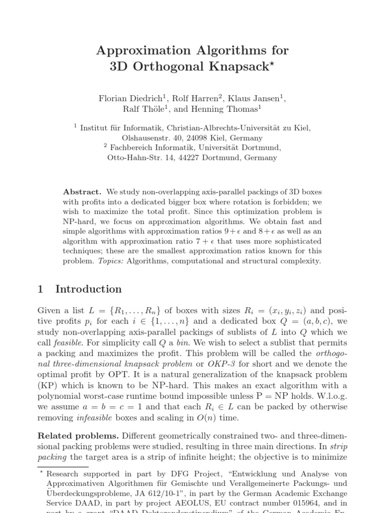 Florian Diedrich Et Al - Approximation Algorithms For 3D Orthogonal Knapsack | PDF | Time ...