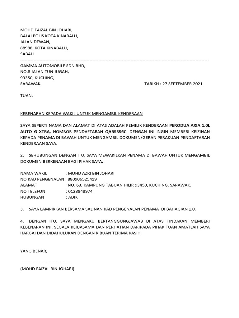 Surat Wakil Ambil Kereta | PDF