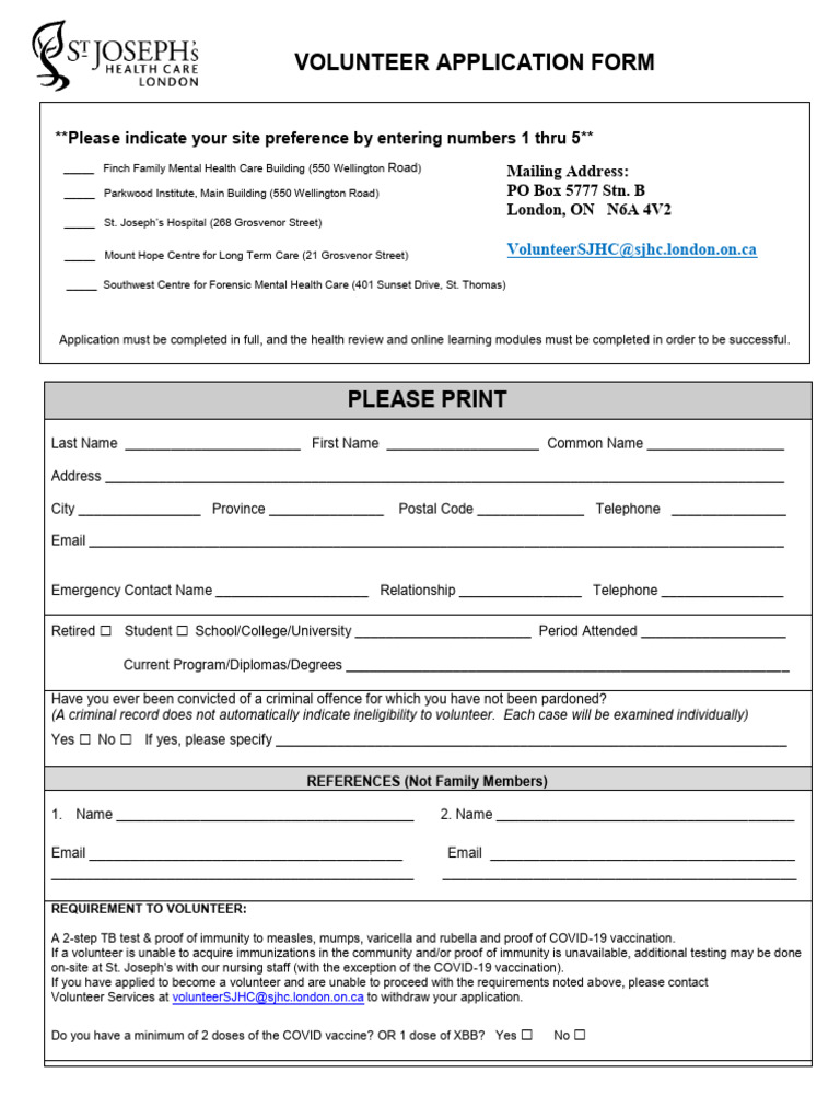 Stjosephs Volunteer Application June2024 Aoda | PDF