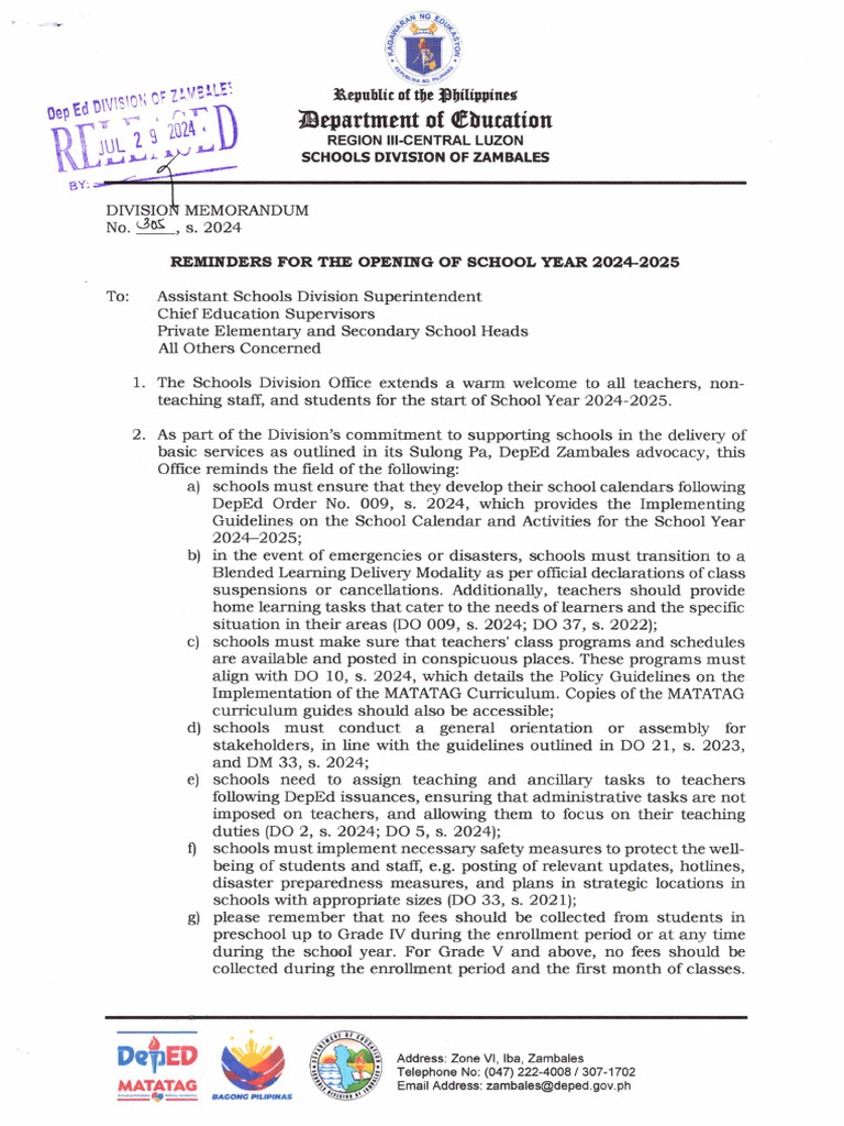 DM No. 305, S. 2024 - Reminders For The Opening of School Year 2024 ...