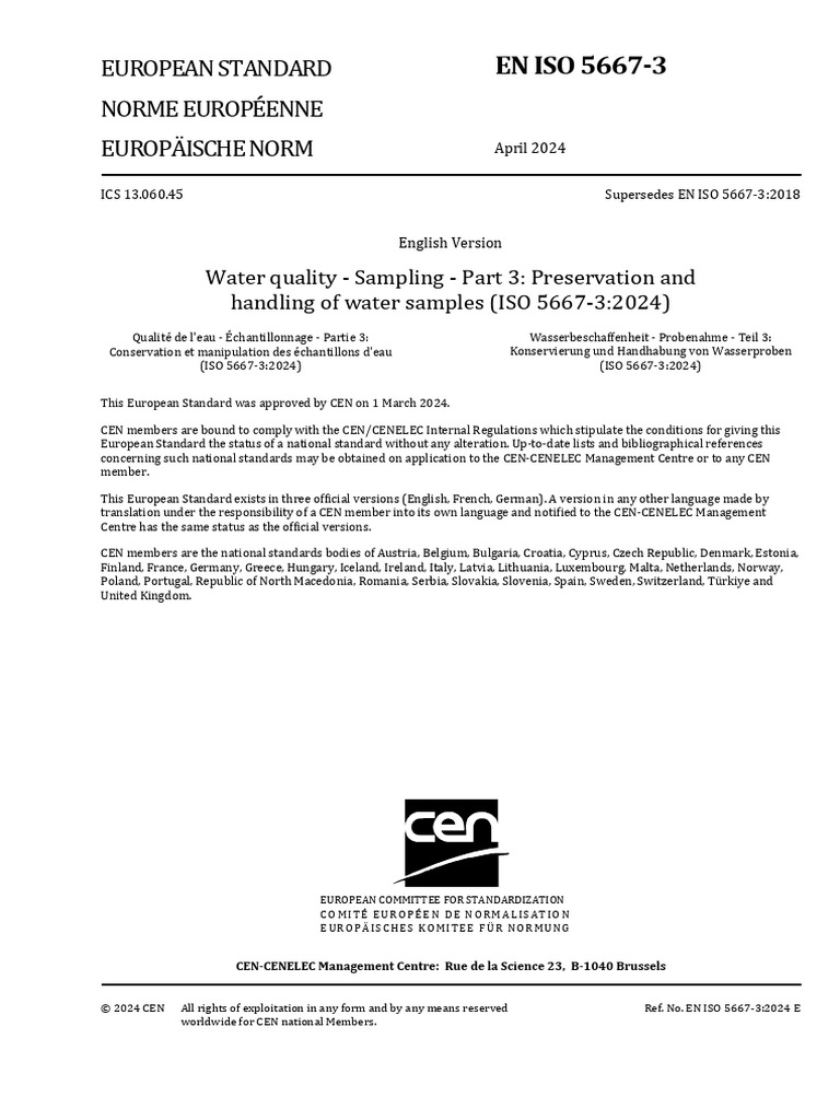 CEN - ISO - PDF Water Quality - Sampling - Part 3 Preservation and ...