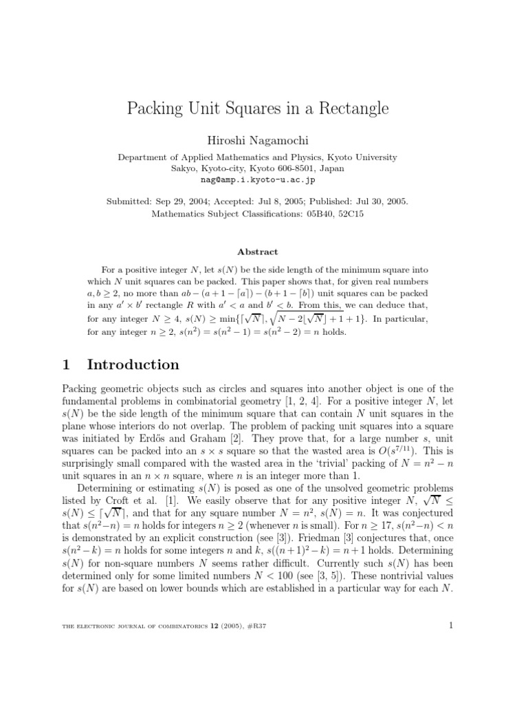 Hiroshi Nagamochi - Packing Unit Squares in A Rectangle | PDF | Theorem | Geometry