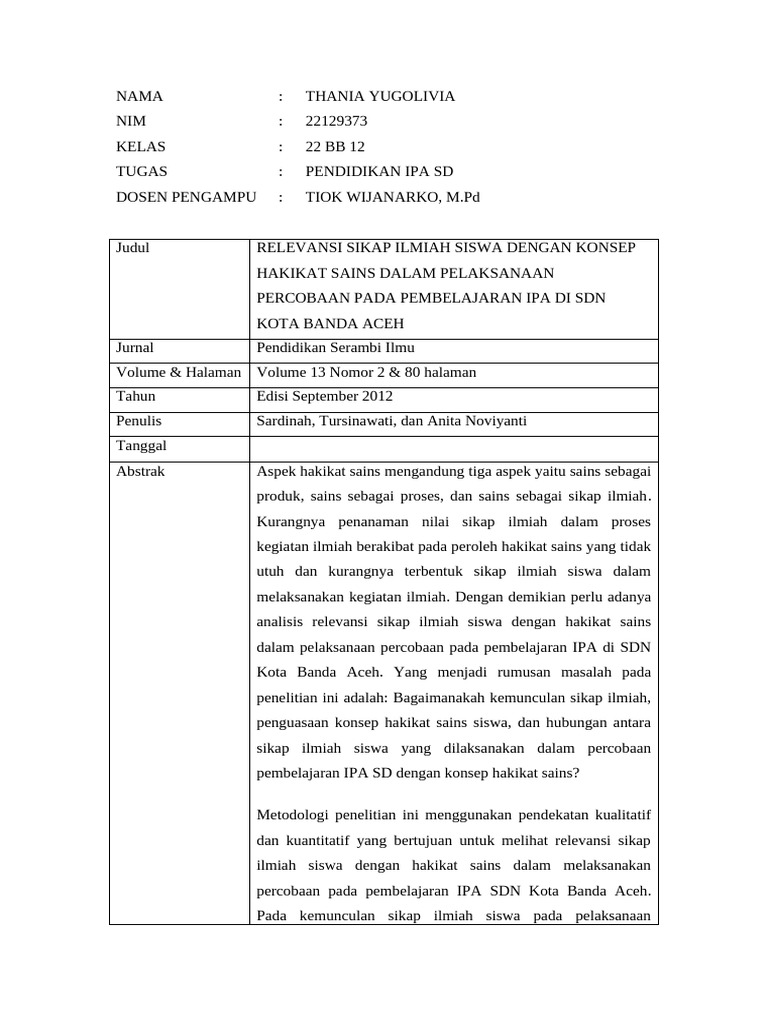 Tugas 1 Pendidikan IPA - Thania Yugolivia | PDF