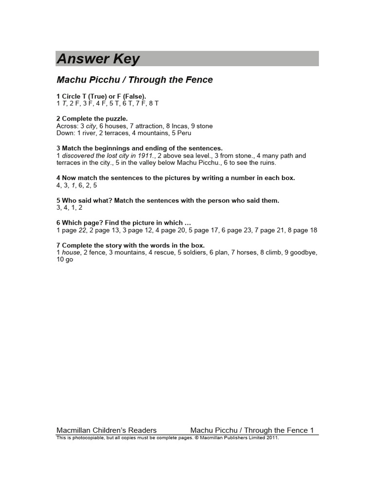 Machu Picchu Through The Fence Answer Key | PDF