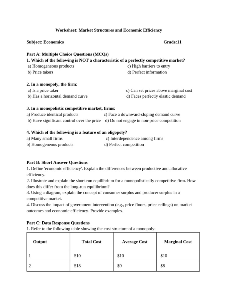 Worksheet - Market Structures and Economic Efficiency | PDF