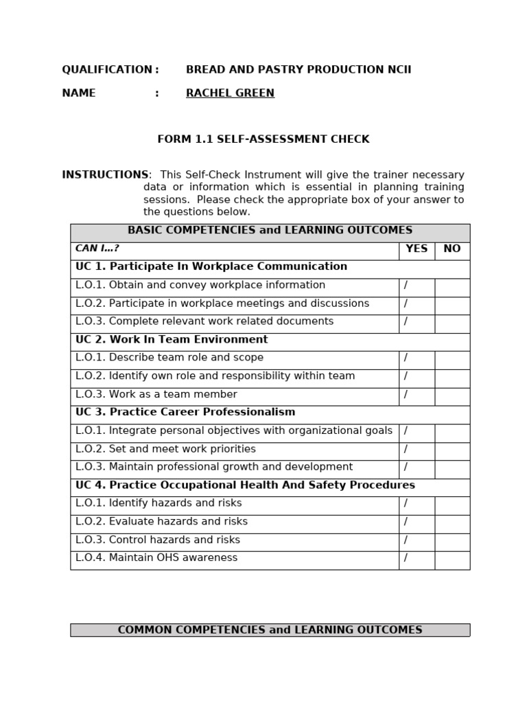 1 Self Assessment Checklist | PDF 1 Self Assessment Checklist | PDF