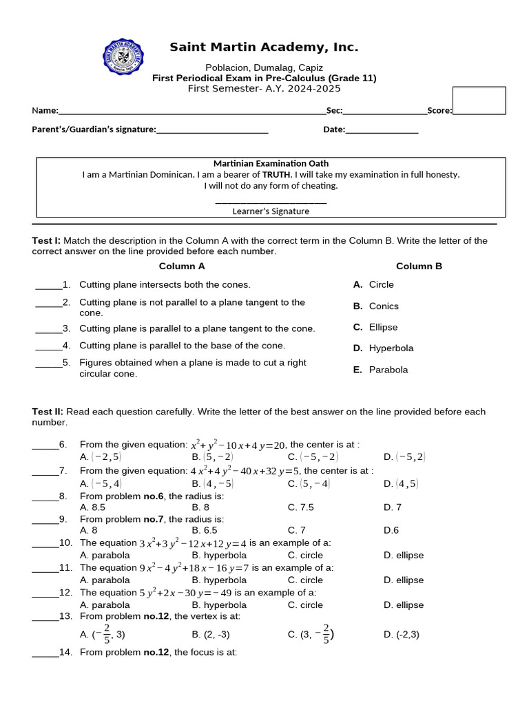 Precal First Quarter Exam | PDF