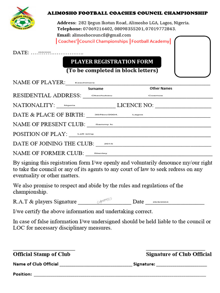 Player Registration Form-1 | PDF