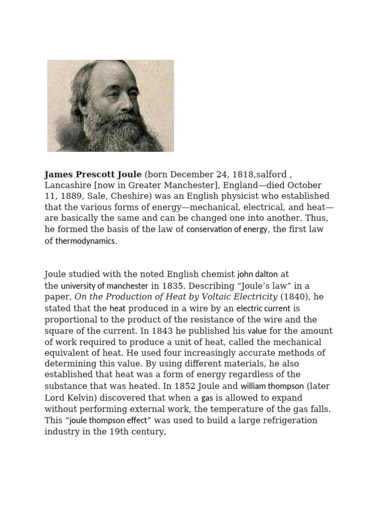 James Prescott Joule: Conservation of Energy Thermodynamics | PDF