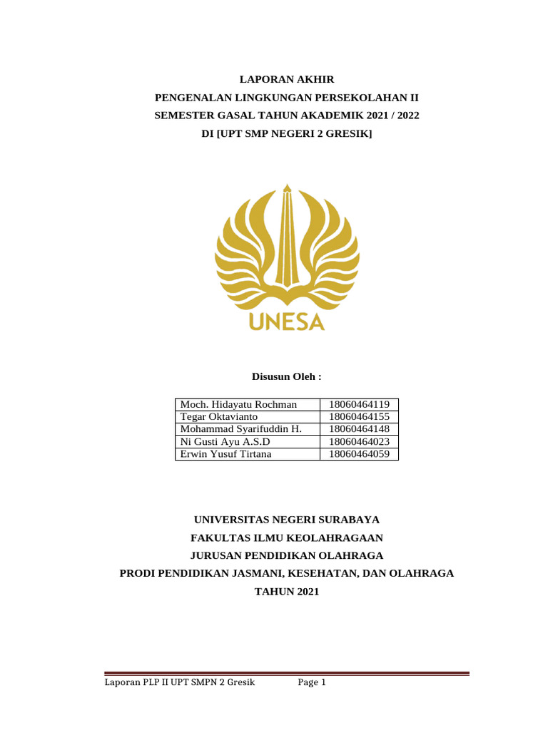 Laporan Akhir PLP II Di UPT SMPN 2 GRESIK Tahun 2021 | PDF